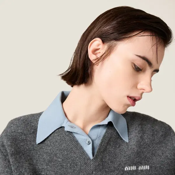 Miu Miu Cashmere And Wool Polo Sweater - Slate Gray/Aviator Blue